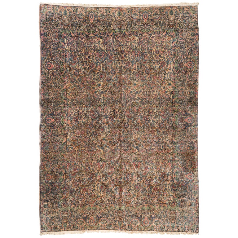 Antique Rose Blue Green Ivory Beige Floral Persian Kirman Rug For Sale ...