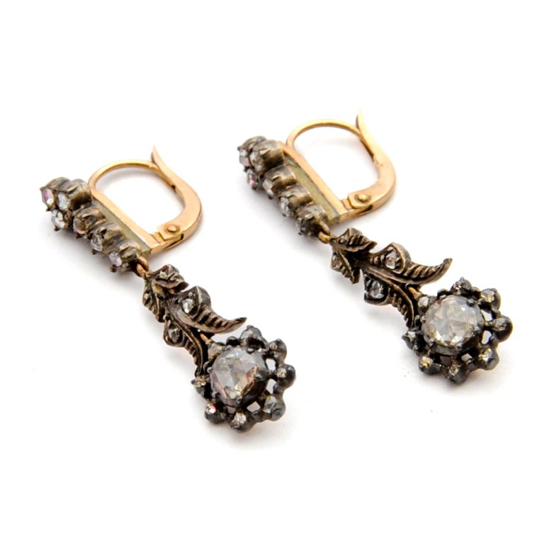 19th Century Dutch Rose Cut Diamond and 14K Gold Silver Dangle Earrings ...