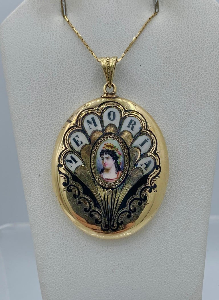 Antique Rose Cut Diamond Enamel Portrait Locket Necklace 14 Karat Gold ...
