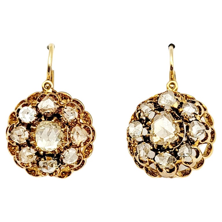 Antique Rose Cut Diamond Floral Motif Pierced Dangle Earrings 14 Karat Rose Gold For Sale at 1stDibs