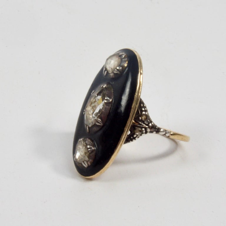 Antique Rose-Cut Diamond, Gold and Black Enamel Navette Ring at 1stDibs