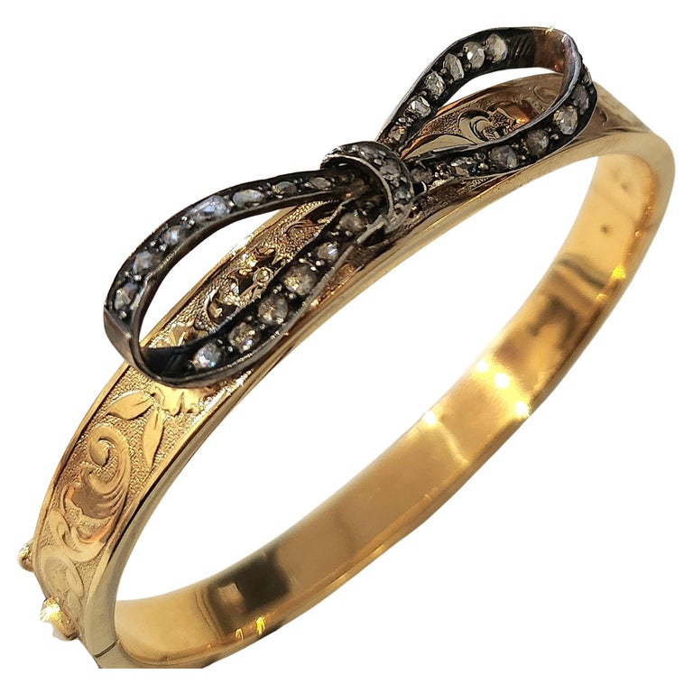 Antique Rose Cut Diamond Ribbon Gold Bangle Bracelet For Sale at 1stDibs