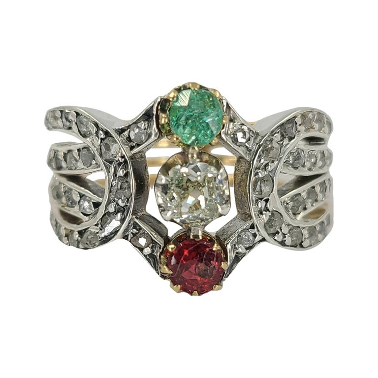 Antique Rose Cut Diamond, Ruby, and Emerald Ring at 1stDibs