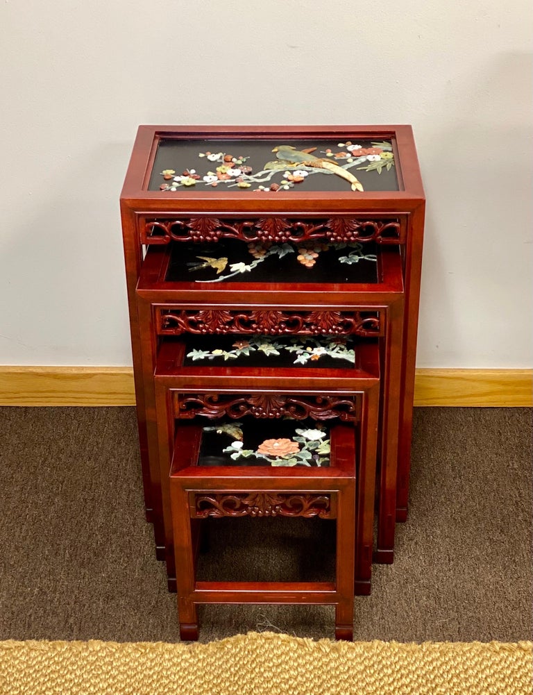 Antique Rosewood and Jade Chinoiserie Nesting Tables with Diorama Tops ...