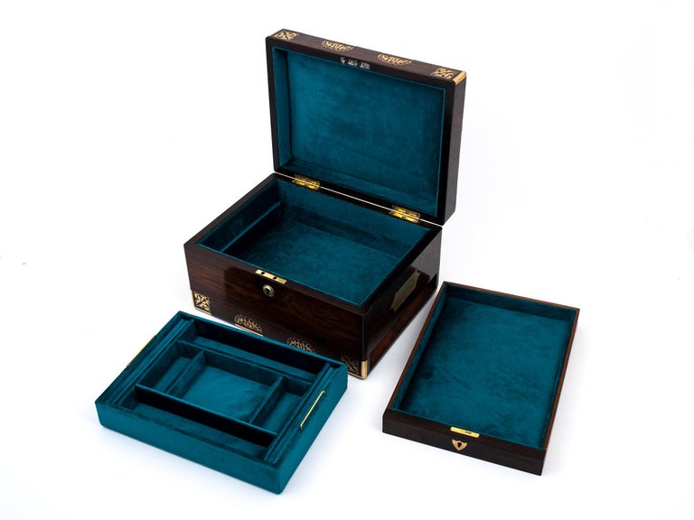 Antique Rosewood Jewellery Box with Ornate Brass Inlay and Teal Velvet ...