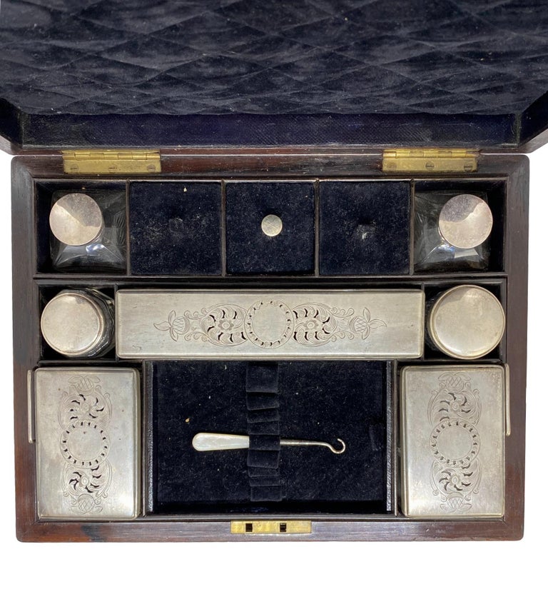 Antique Rosewood Travel Box with Brass Inlay, Complete with All ...