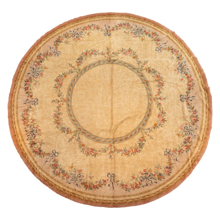 Antique Round Beige Floral Spanish Savonnerie Rug, circa 1940s For Sale ...