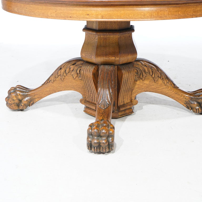 Antique Round Carved Oak Claw Foot Extension Dining Table and Three ...