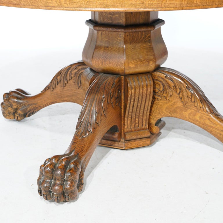 Antique Round Carved Oak Claw Foot Extension Dining Table and Three ...