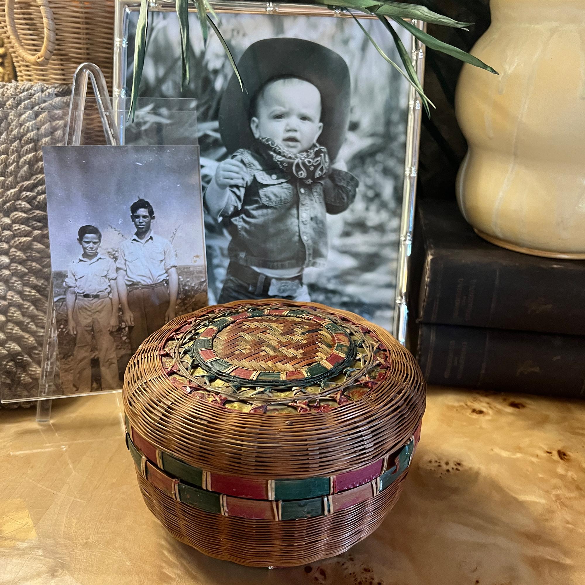 Antique Round Lidded Painted Wicker Sewing Basket with Red and Green ...