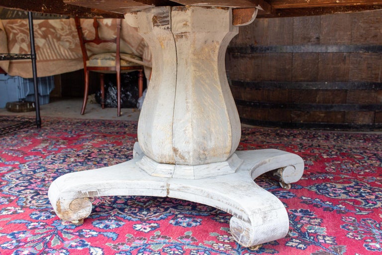 Antique Round Oak Pedestal Table in Light Greige Finish with Extension ...