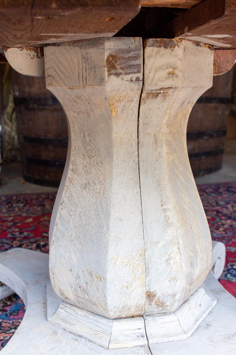 Antique Round Oak Pedestal Table in Light Greige Finish with Extension ...