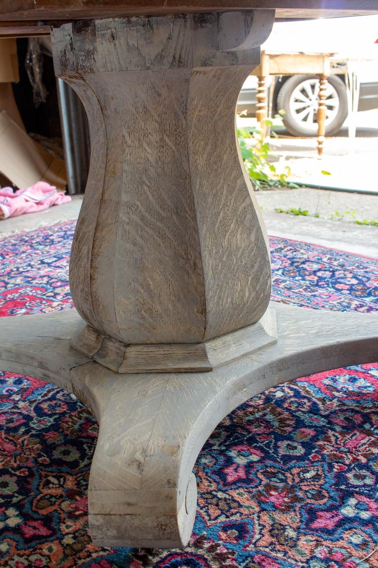 Antique Round Oak Pedestal Table in Light Greige Finish with Extension ...