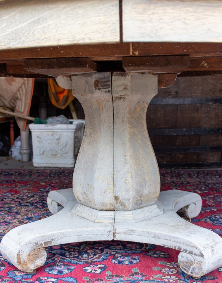 Antique Round Oak Pedestal Table in Light Greige Finish with Extension ...