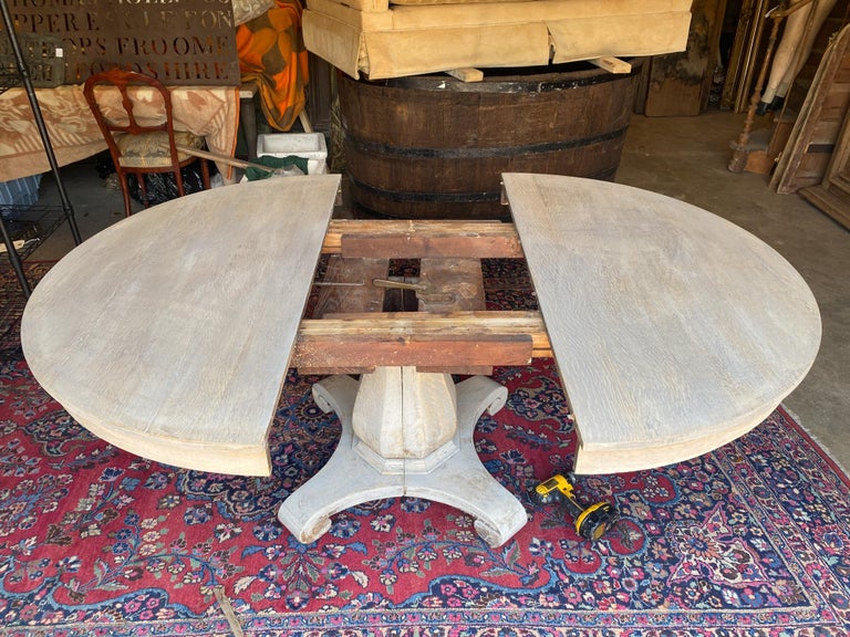 Antique Round Oak Pedestal Table in Light Greige Finish with Extension ...