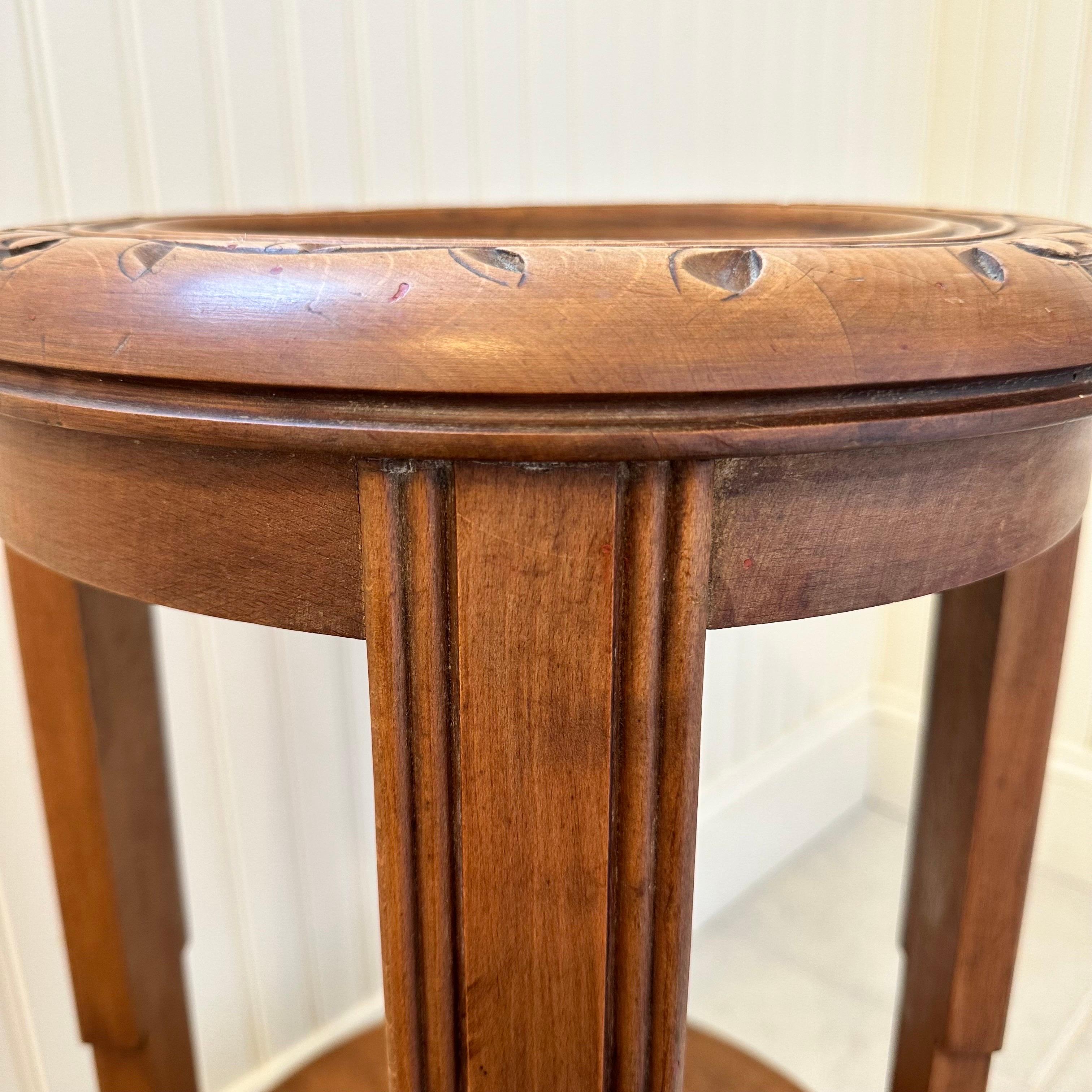 Antique Round Wood Art Deco Table with Deep Red Marble and Hand Carved ...