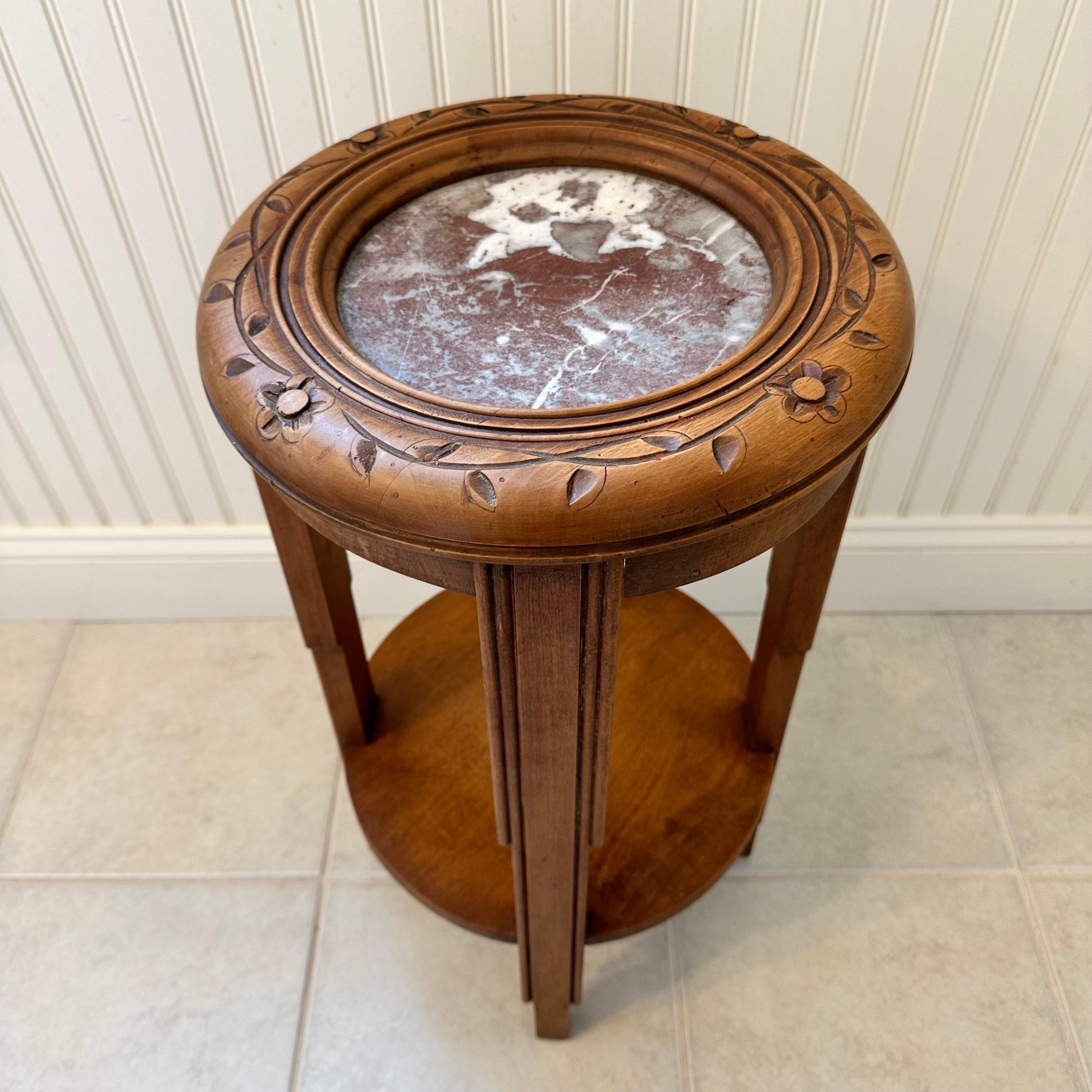 Antique Round Wood Art Deco Table with Deep Red Marble and Hand Carved ...
