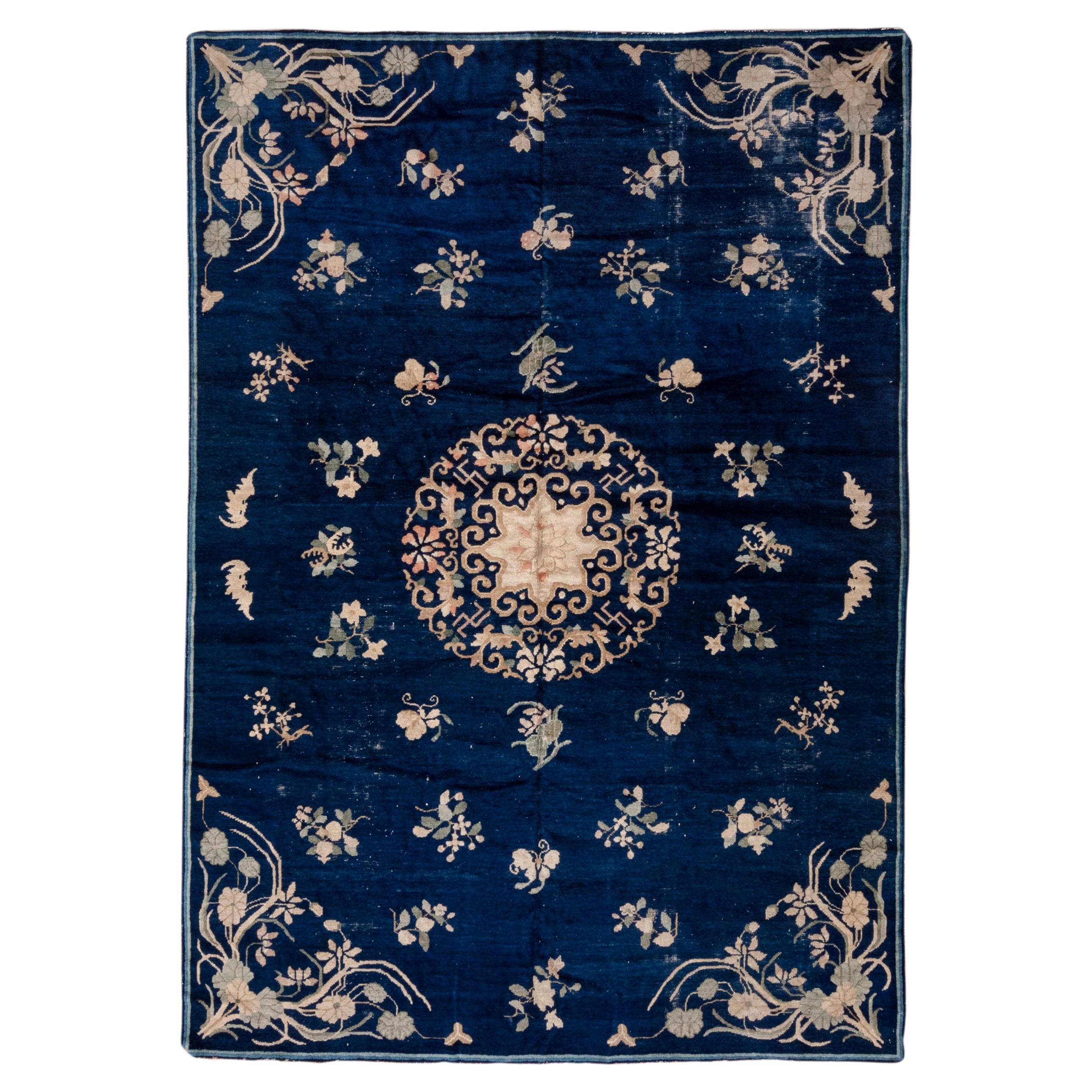 Large Antique Chinese Carpet in Ivory/Taupe Background and Blue Border ...