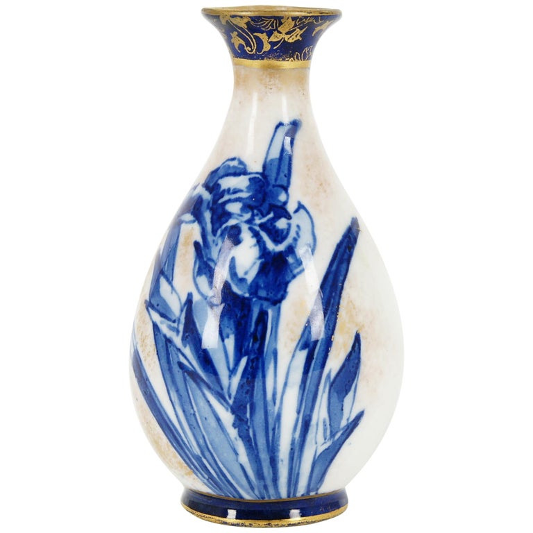 Antique Royal Doulton, Flow Blue Vase Gilt and Blue Floral Design ...