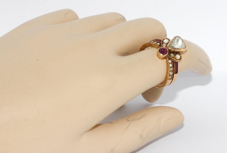 Antique, Royal Gold Ring with Rose Cut Trillion Diamond, Rubies and ...