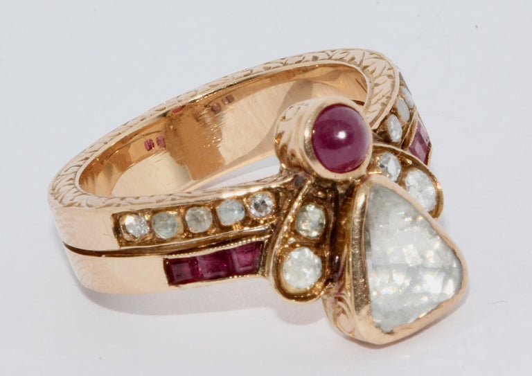 Antique, Royal Gold Ring with Rose Cut Trillion Diamond, Rubies and ...