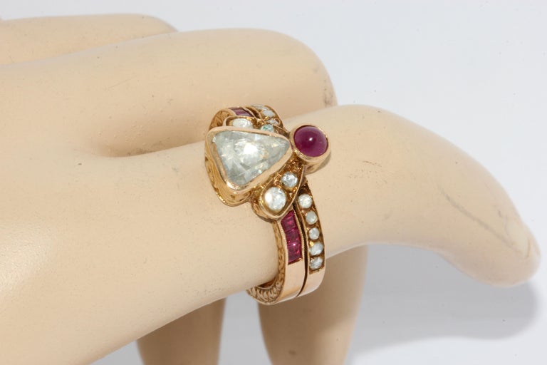 Antique, Royal Gold Ring with Rose Cut Trillion Diamond, Rubies and ...