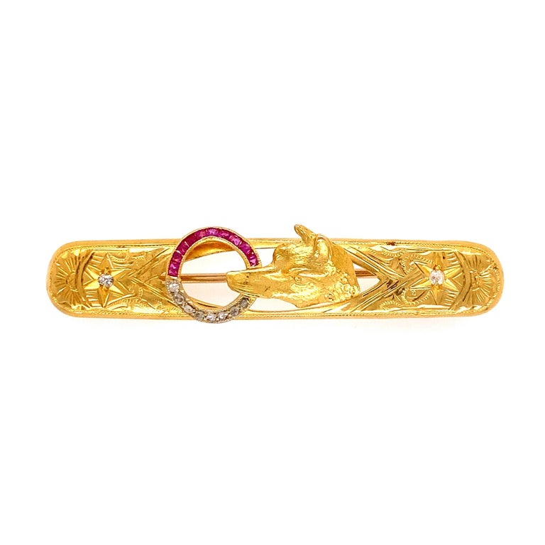 Antique Ruby and Diamond Fox Gold Bar Brooch Pin Estate Fine Jewelry ...