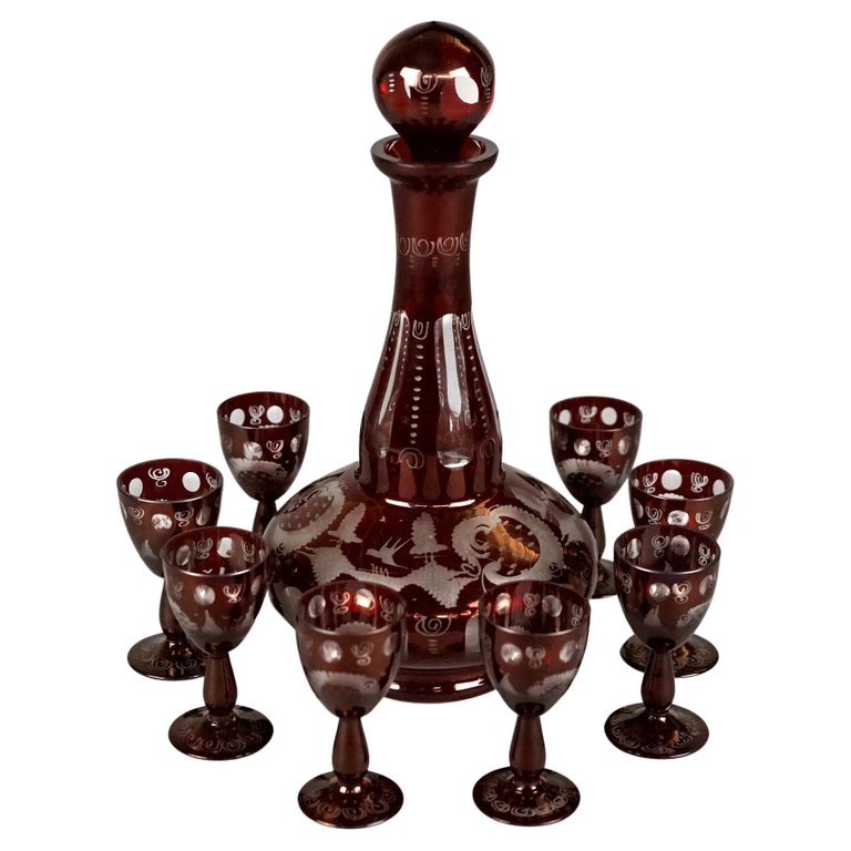 Antique Ruby Cut-to-Clear Glass Liquor Decanter and Cordials Circa 1930 ...