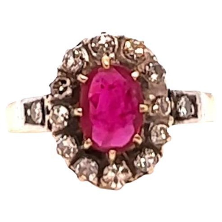 Antique Ruby Diamond 14 Karat Yellow Gold Silver Cluster Ring For Sale ...