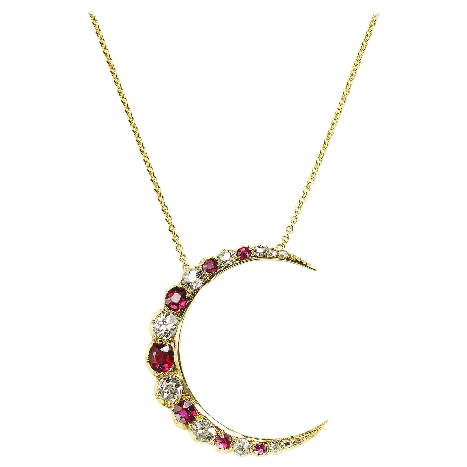 Antique Ruby Diamond and Gold Crescent Pendant, circa 1880 at 1stDibs