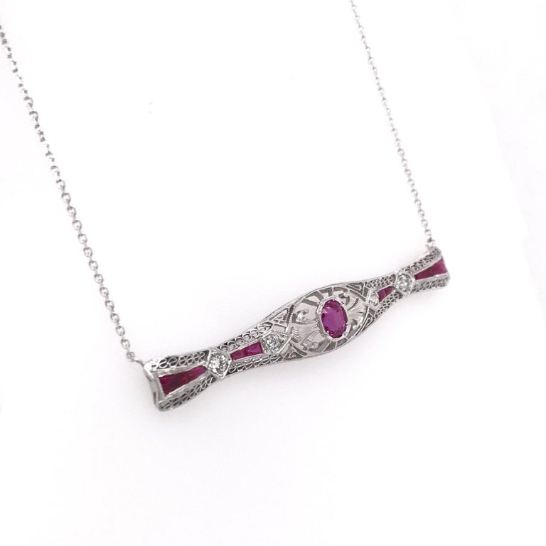 Antique Ruby and Diamond Bar Pin Necklace Conversion at 1stDibs