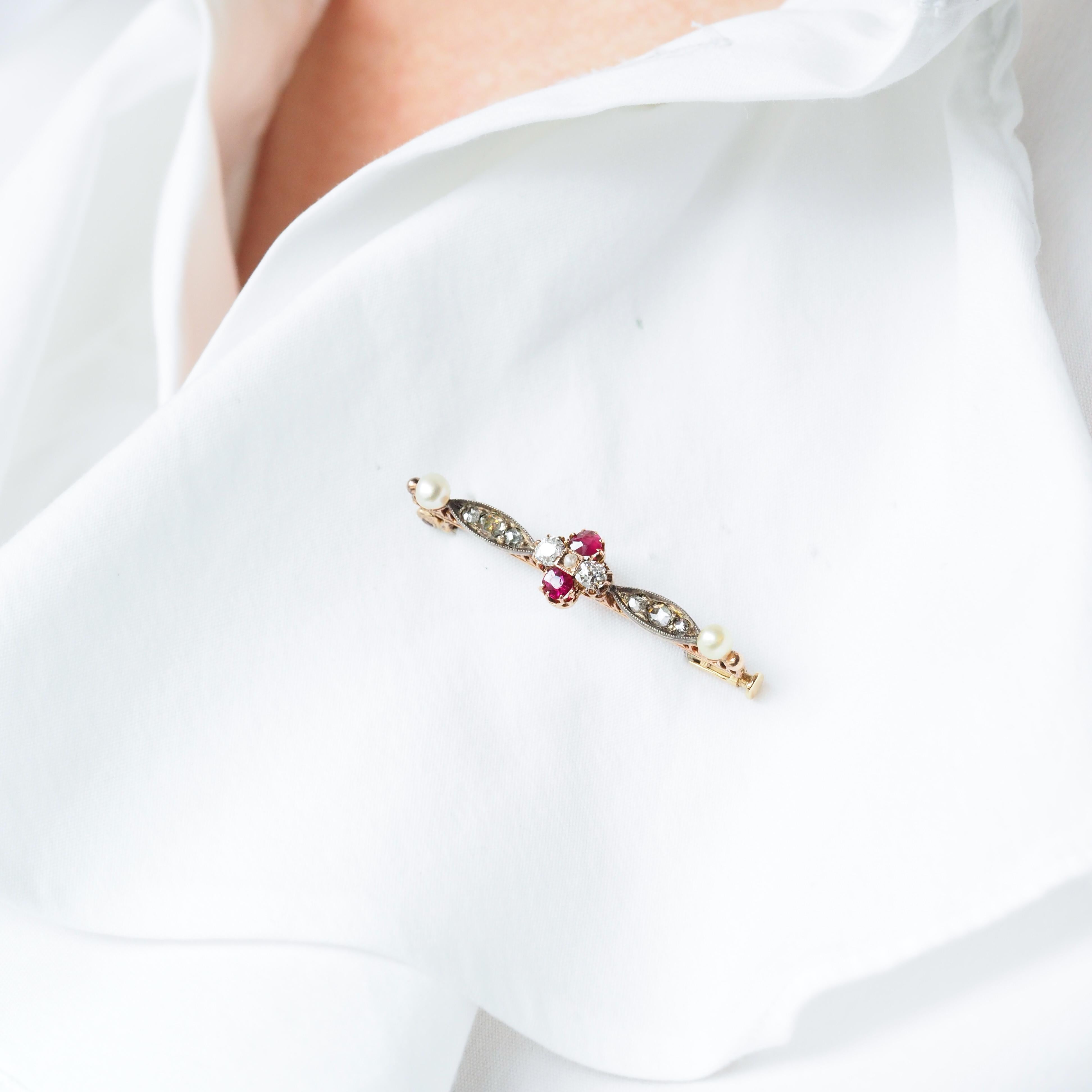 Antique Ruby and Diamond Brooch 14ct Gold with Pearl Accents - c.1900 ...