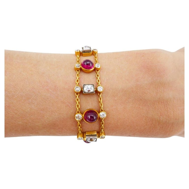 Antique Ruby Diamond Gold Chain Bracelet For Sale at 1stDibs