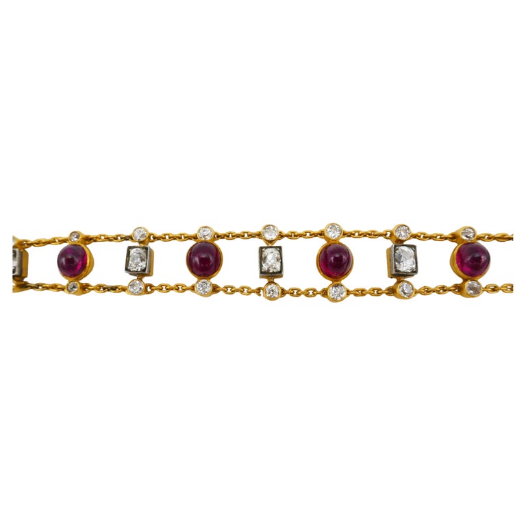 Antique Ruby Diamond Gold Chain Bracelet For Sale at 1stDibs