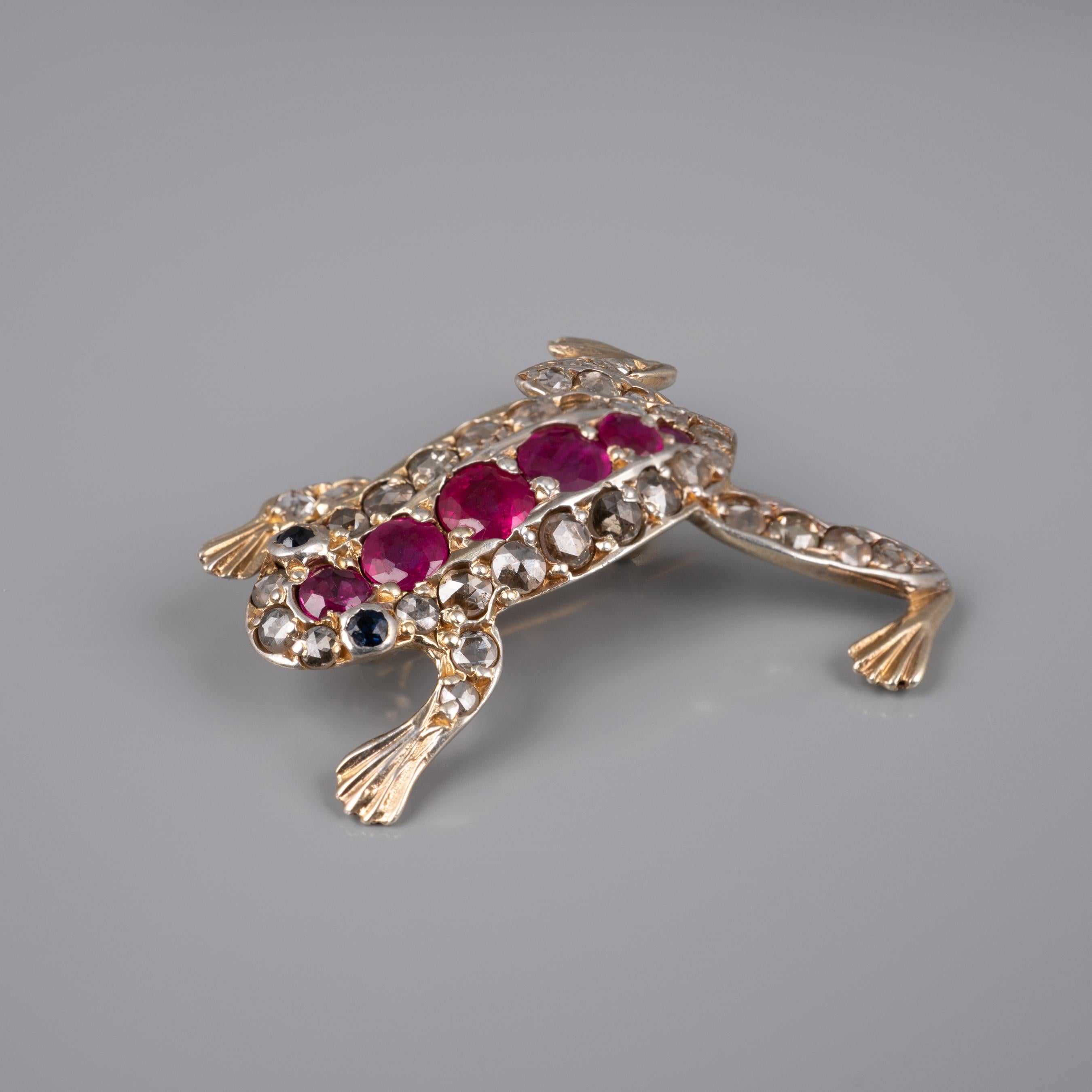 Antique Ruby Diamond and Sapphire Cute Frog Brooch 14 Karat Gold at 1stDibs