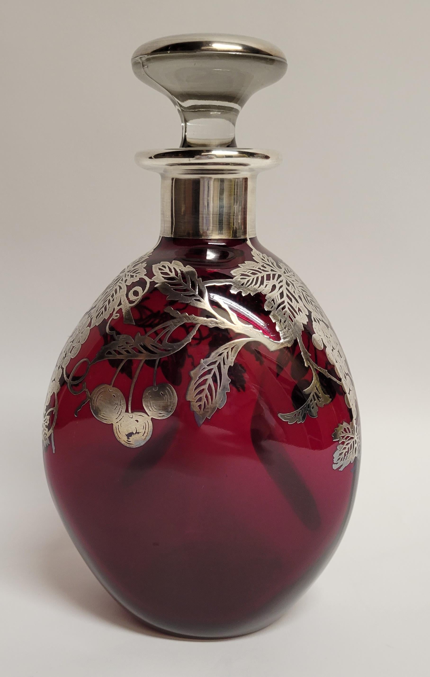 Antique Ruby Glass Decanter with Silver Overlay For Sale at 1stDibs