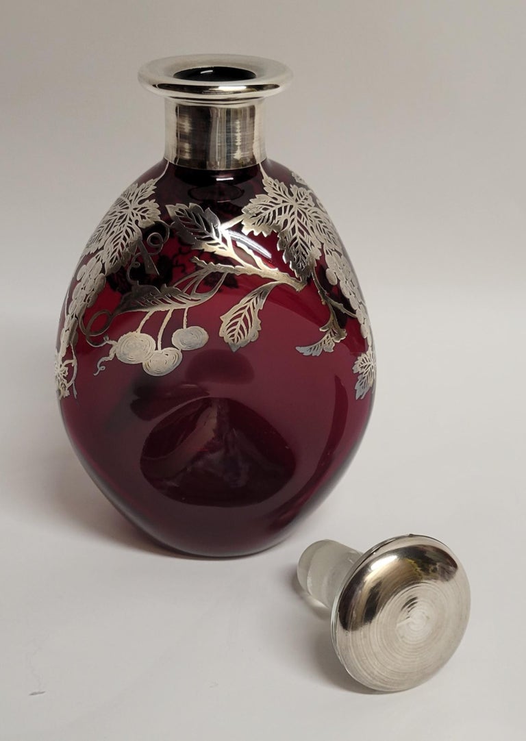 Antique Ruby Glass Decanter with Silver Overlay For Sale at 1stDibs