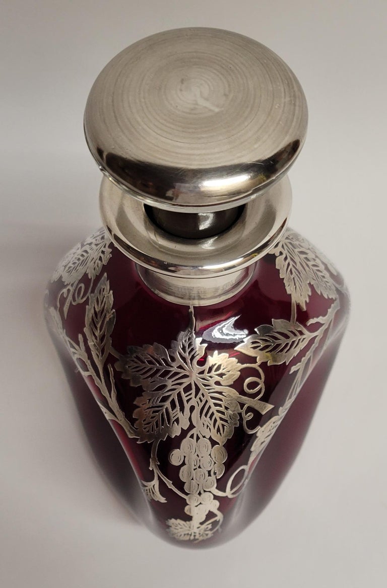 Antique Ruby Glass Decanter with Silver Overlay For Sale at 1stDibs