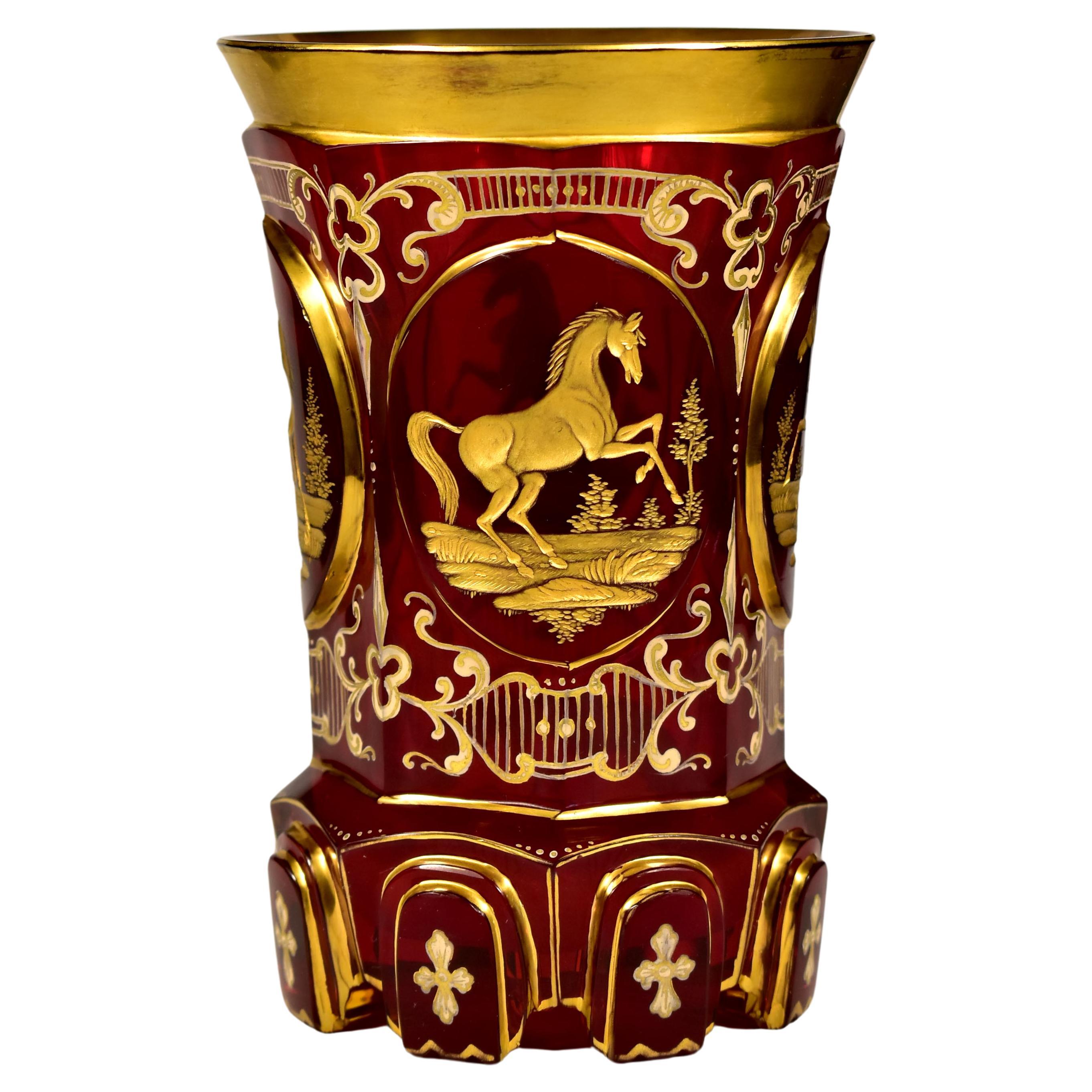 Antique Ruby Glass Goblet - Cut Medallions With Gilded Engraved Horses For Sale at 1stDibs