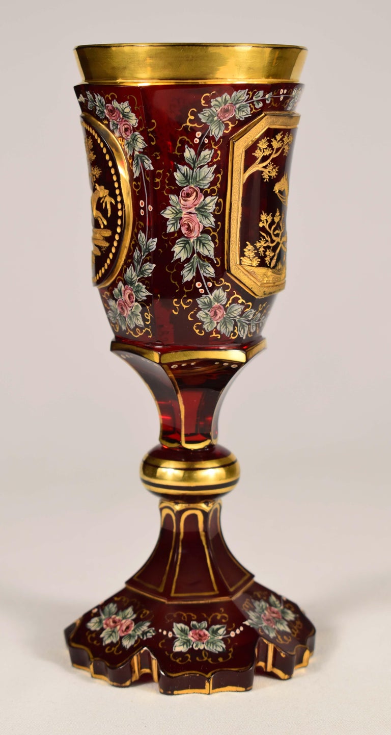 Antique Ruby Goblet, Cut, Painted and Engraved Gilt, Lady on Horseback ...