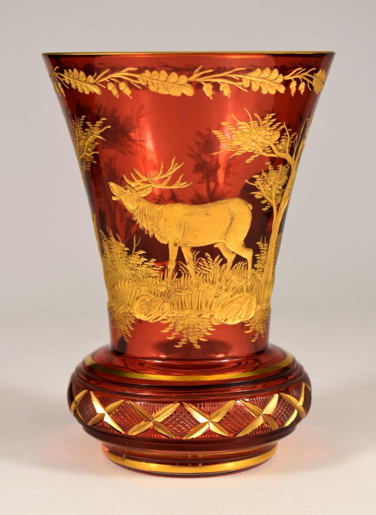Antique Ruby Goblet, Gilded Engraving, Hunting Motif For Sale at 1stDibs