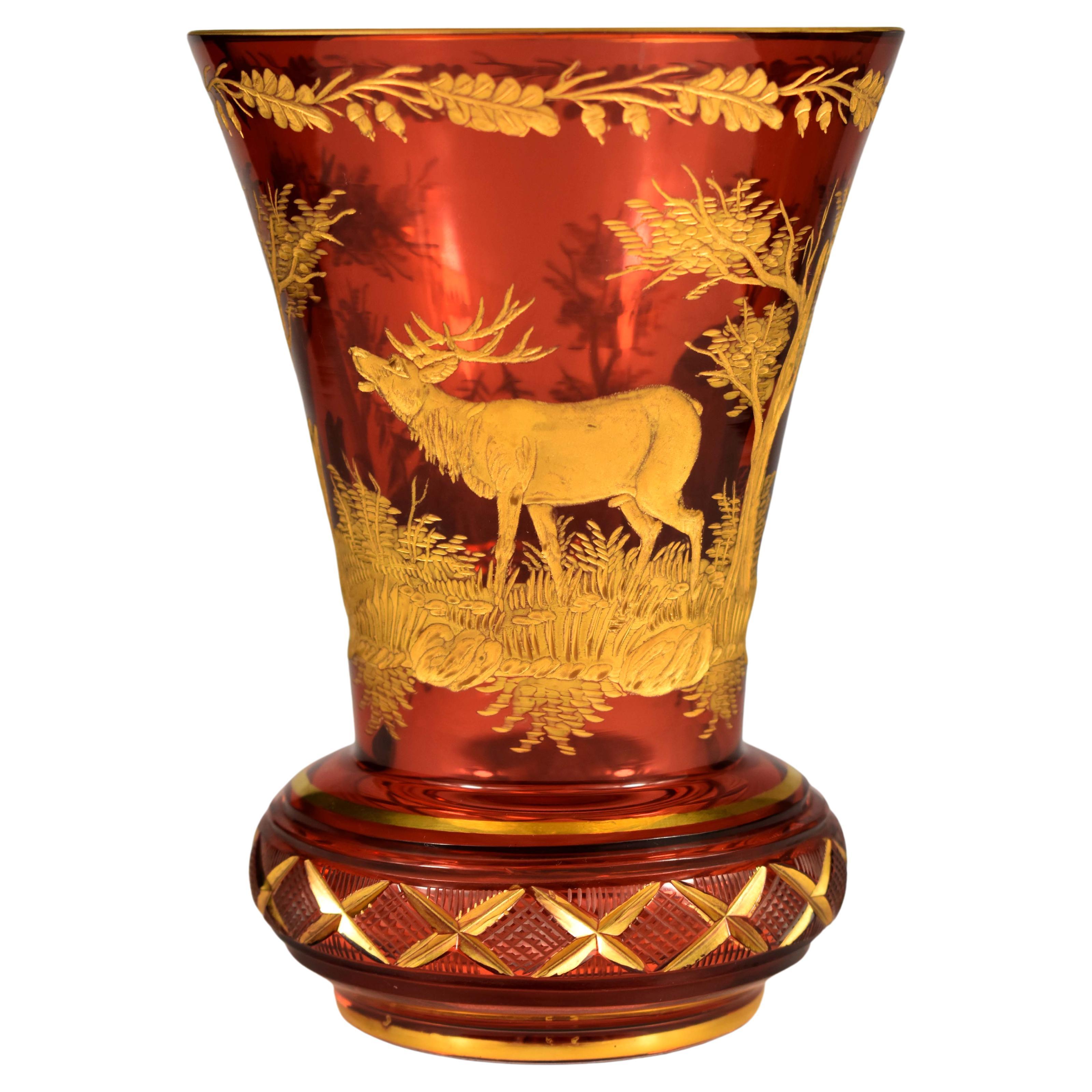 Bohemian Ruby Gilded Glass Goblet Hunting Motive at 1stDibs