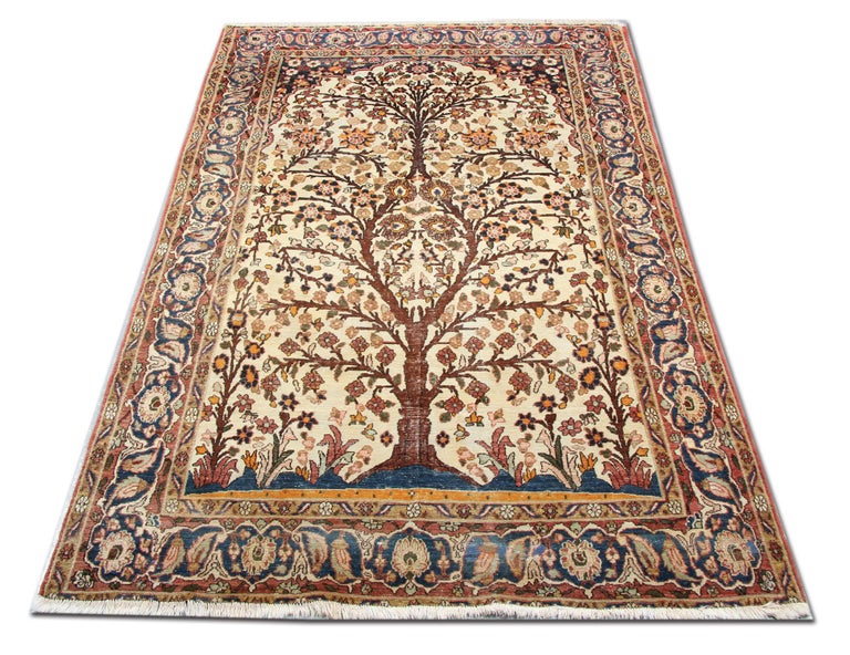 Antique Rug Ivory Tree Of Life Organic Handwoven Oriental Area Rug For ...