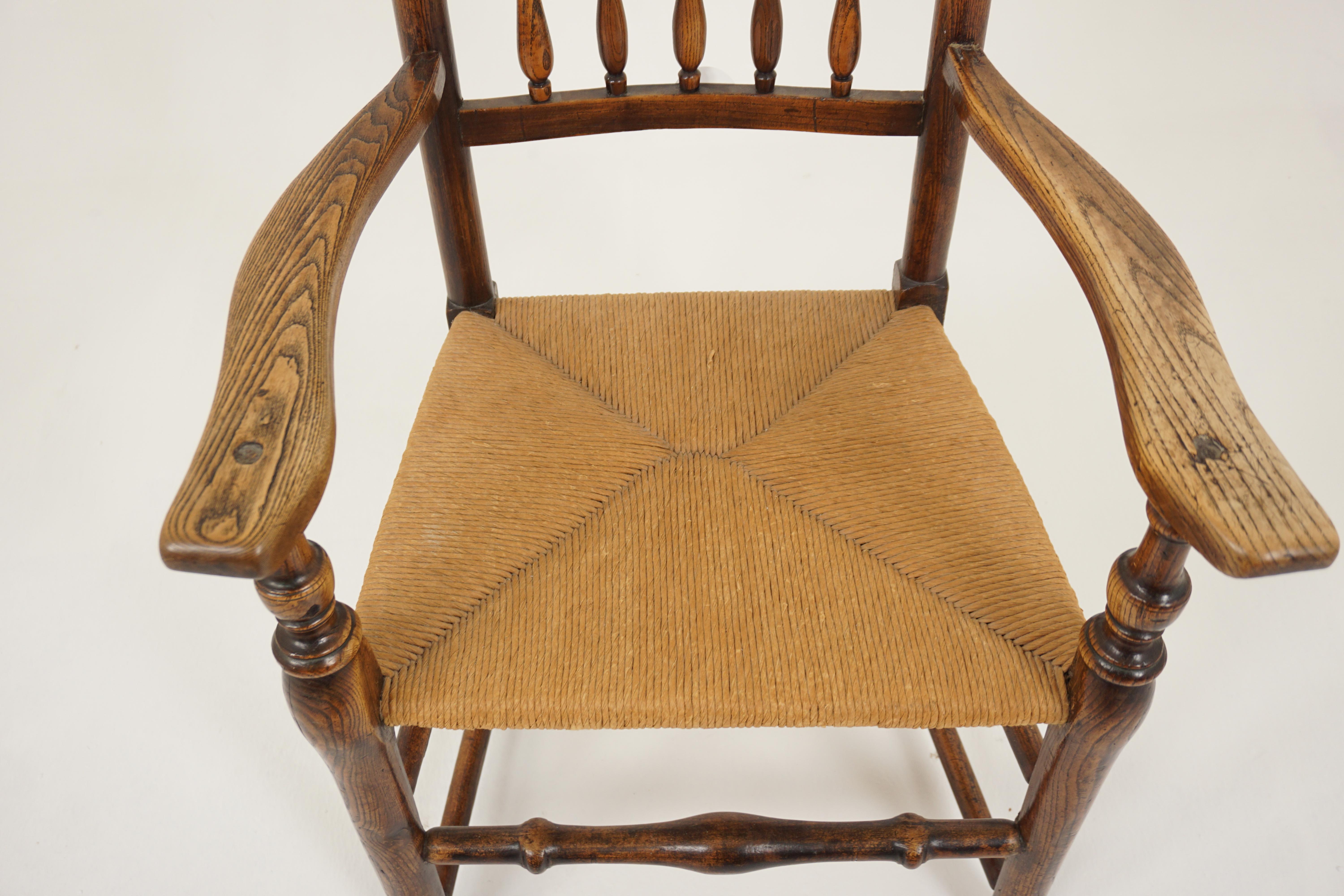Antique Rush Seated Elm Lancashire Spindle Back Arm Chair, England 1900 ...