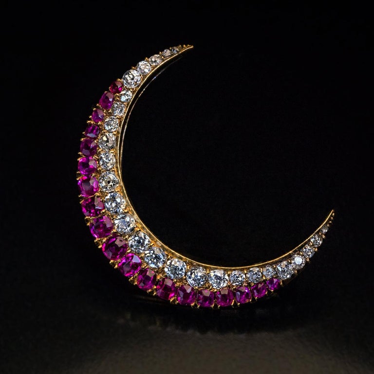 Antique Russian 19th Century Diamond Ruby Gold Crescent Moon Brooch at ...