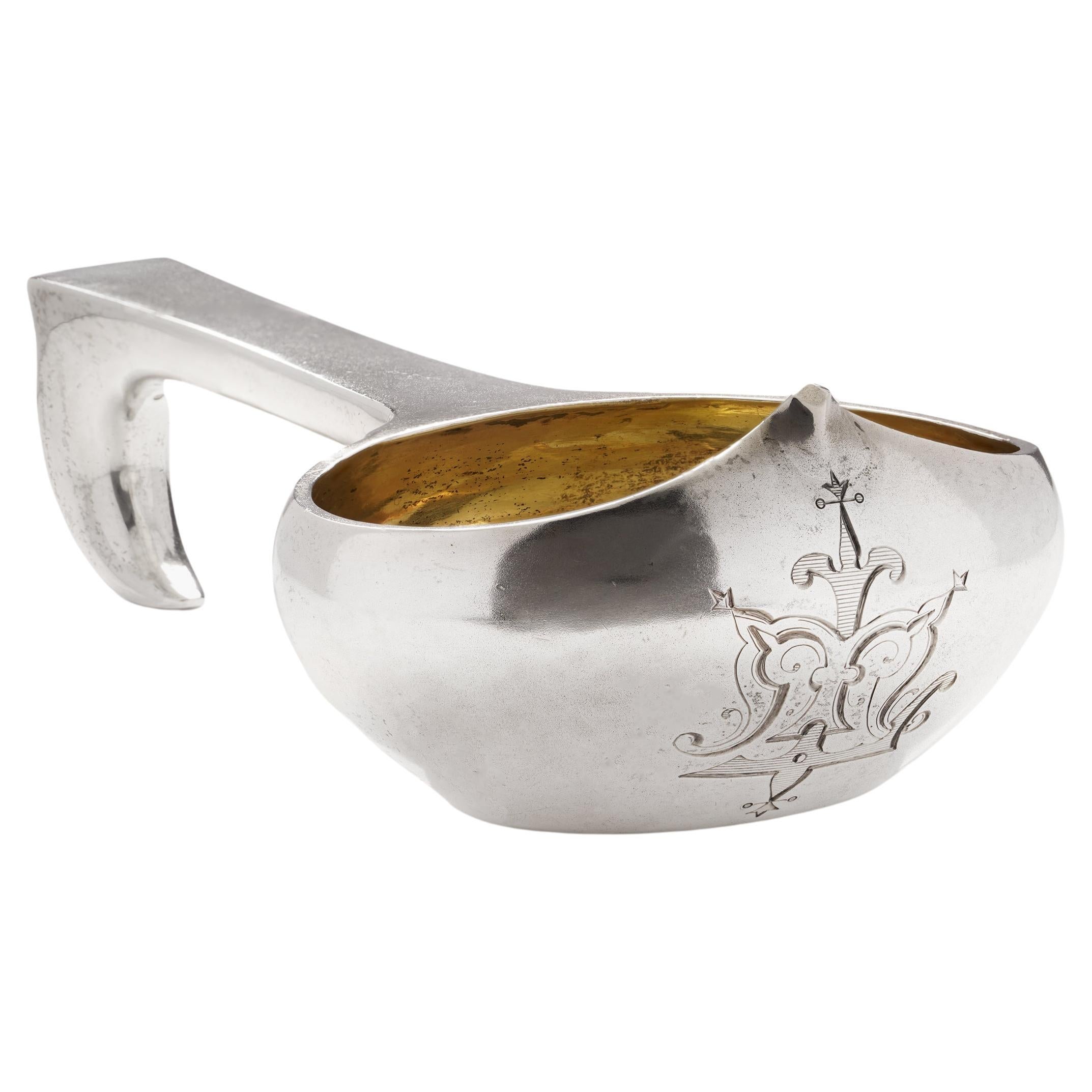 Antique Russian 84.silver Kovsh with Monogram and silver- gilt interior For Sale at 1stDibs