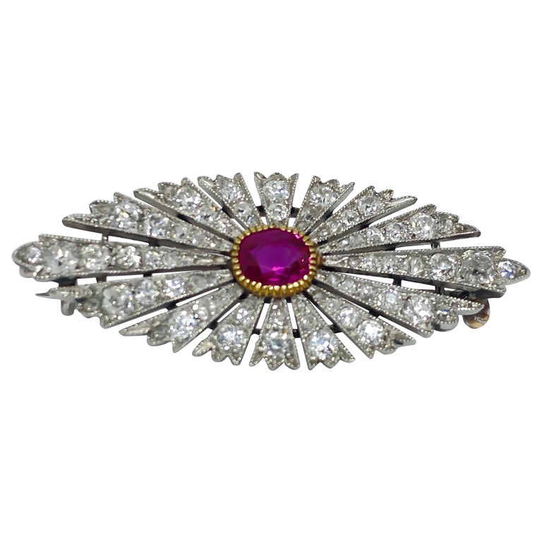 Antique Russian Burma Ruby and Diamond Brooch Pin Platinum, circa 1890 ...