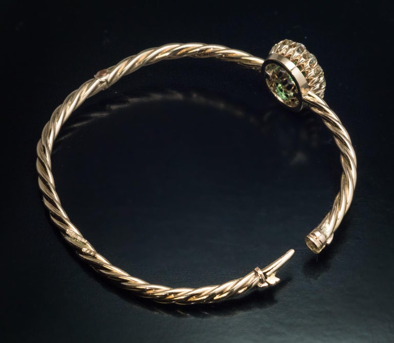 Antique Russian Emerald Diamond Gold Bangle Bracelet For Sale at 1stDibs