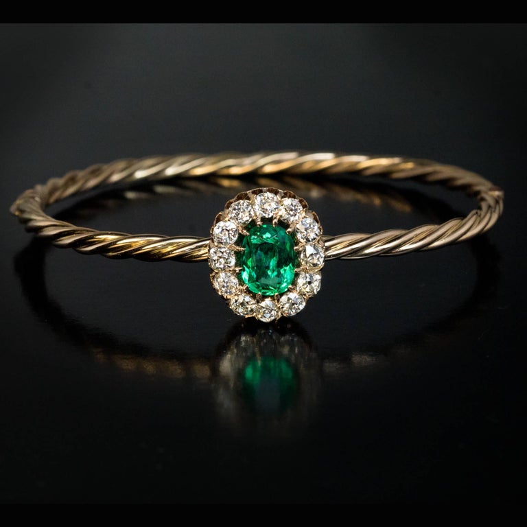Antique Russian Emerald Diamond Gold Bangle Bracelet For Sale at 1stDibs