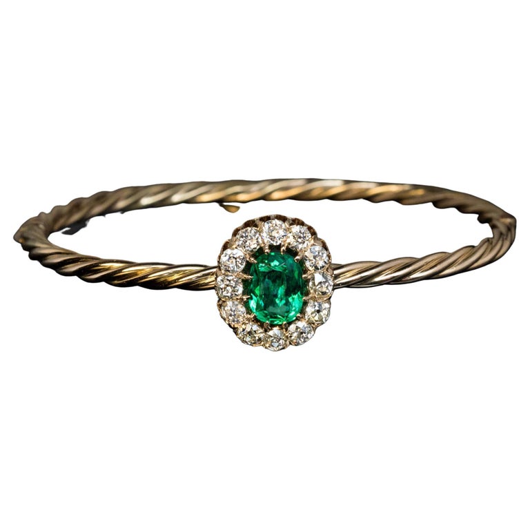 Antique Russian Emerald Diamond Gold Bangle Bracelet For Sale at 1stDibs
